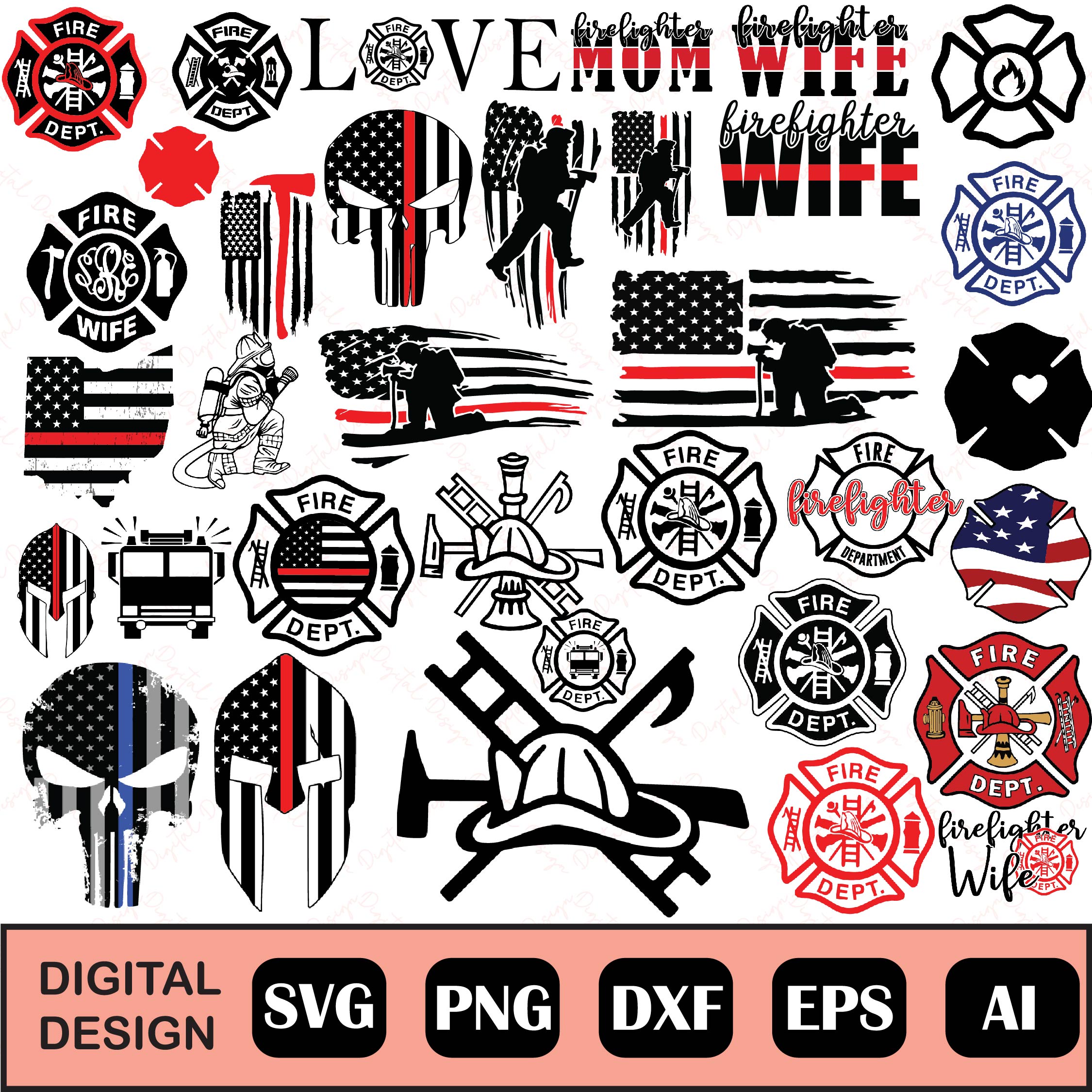 Firefighter Thin Red Line SVG Bundle - 49 Designs Distressed | Inspire ...