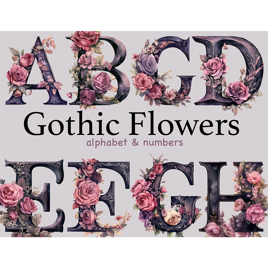 Gothic Flowers Alphabet | Watercolor Floral Clip Art Bundle | Inspire ...