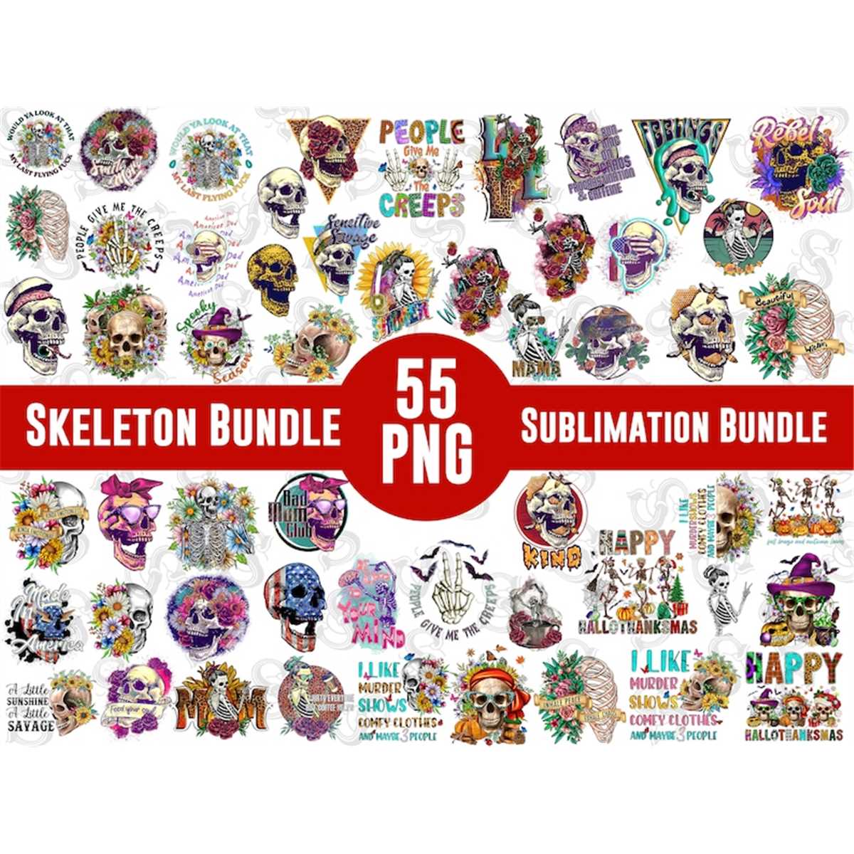55 Skeleton Png Sublimation Design Bundle, Hand Drawn Skele | Inspire ...