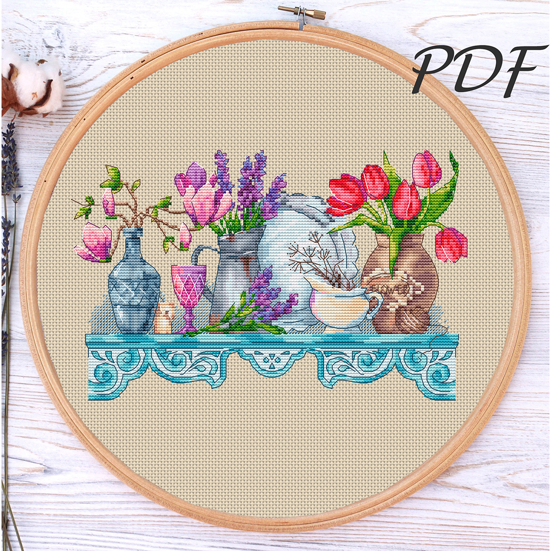 Cross stitch pattern pdf Shelf with flowers cross stitch pat - Inspire ...