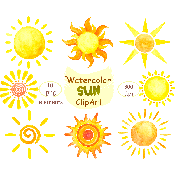 Watercolor Sun Clipart, Hand Painted 10 PNG, Digital Suns | Inspire Uplift