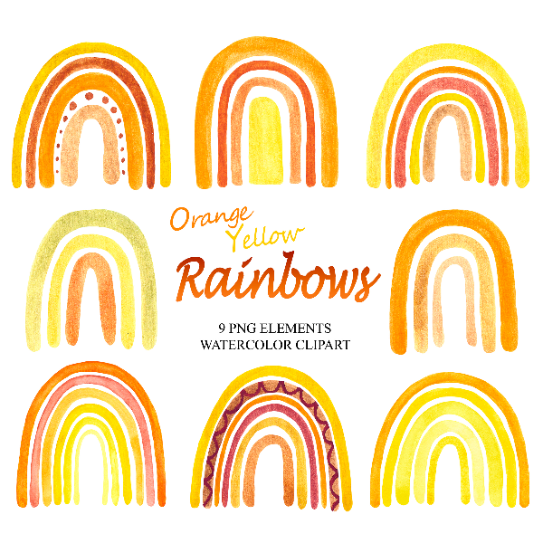 Watercolor Boho Rainbow Clipart, Yellow Orange Rainbows PNG | Inspire ...