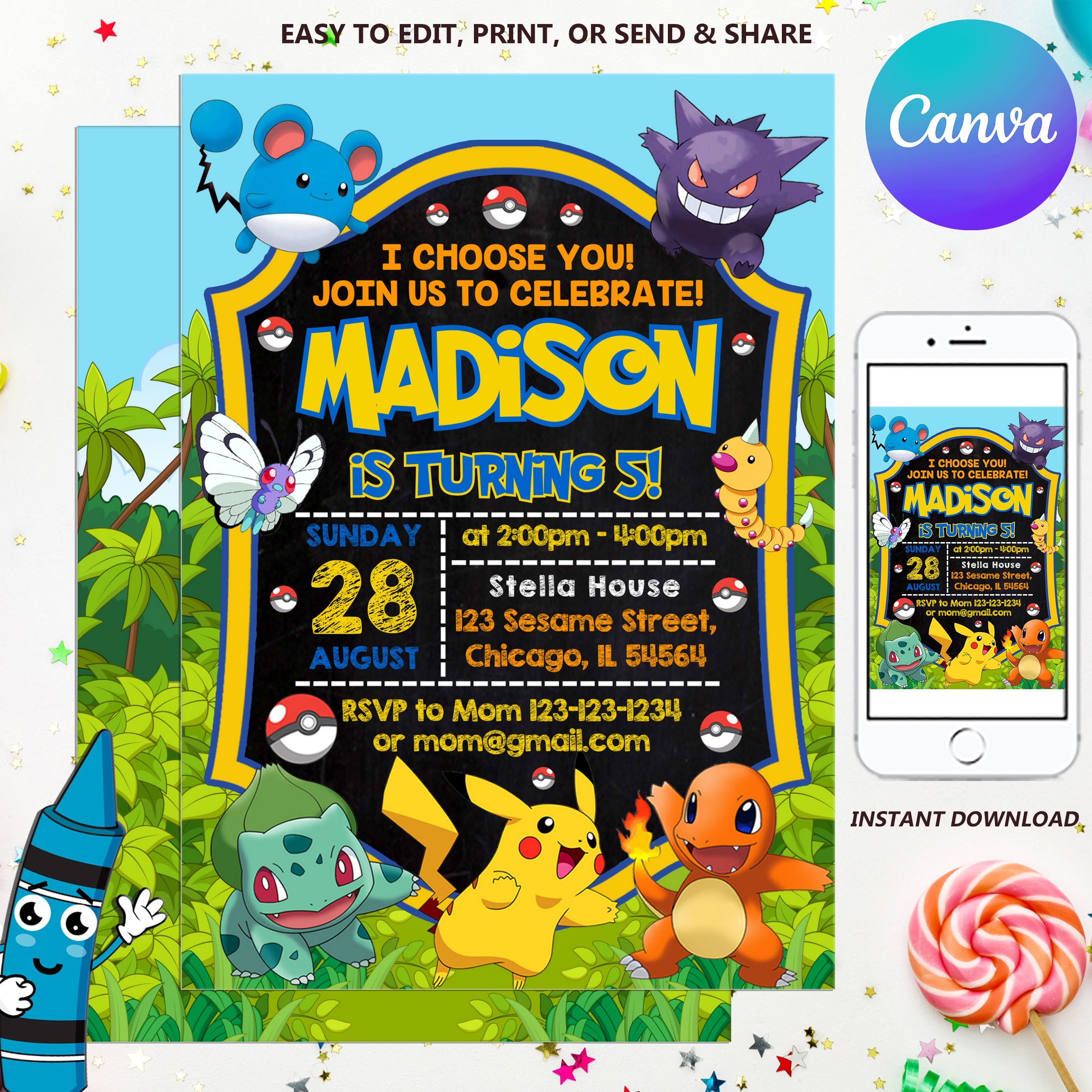 Pokemon Birthday Invitation, Pokemon Party Invitation, Pokem | Inspire ...