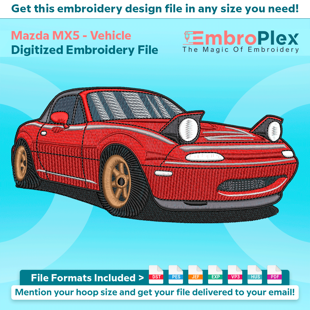 Mazda MX5 From Vehicle Embroidery Design File | Inspire Uplift