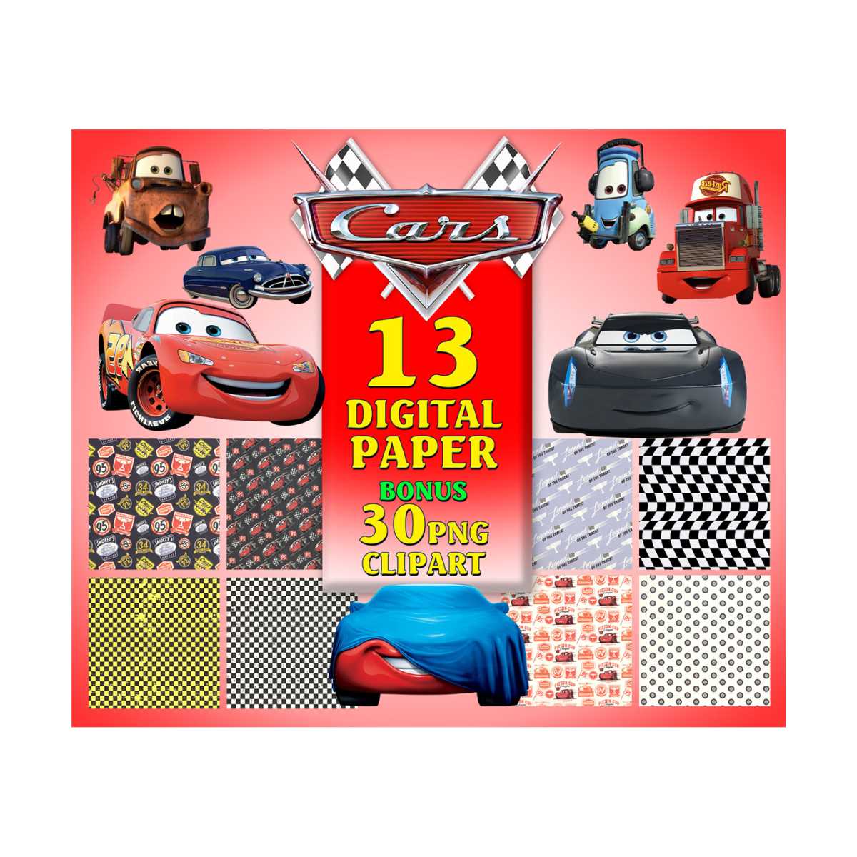 13 Cars Digital Paper Clipart, Lightning McQueen Cars Printa - Inspire ...
