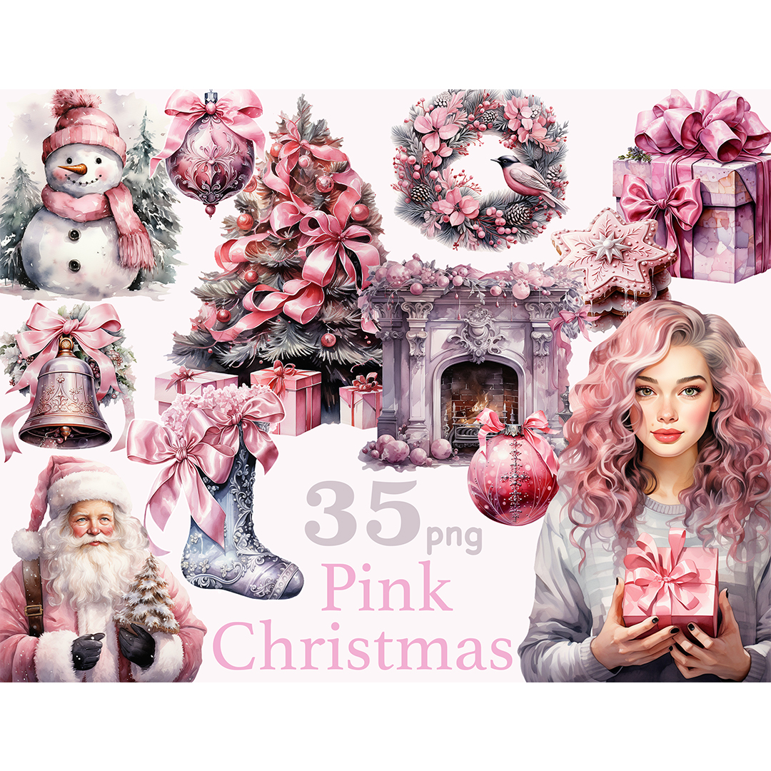 Pink Christmas Clipart Set | Fashion Girl Illustration PNG - Inspire Uplift