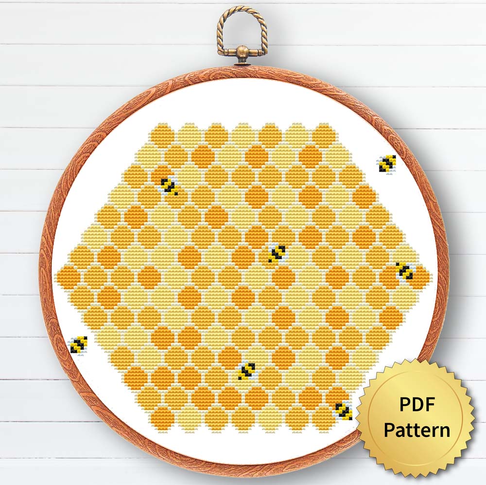 Honey Comb with Bees Cross Stitch Pattern - Inspire Uplift