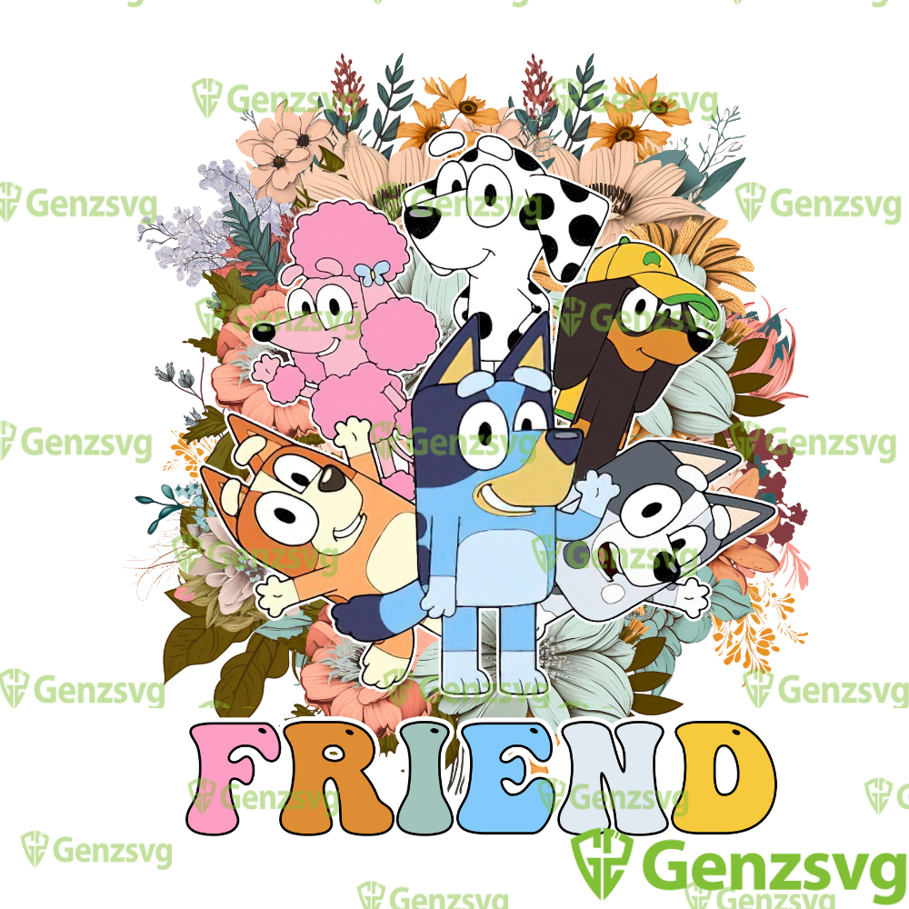 Bluey Friends PNG, Bluey Friends Retro Floral T-shirt, Bluey - Inspire ...