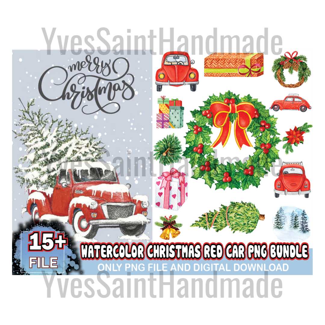 Watercolor Christmas Red Car Png Bundle, Christmas Svg, Red | Inspire ...