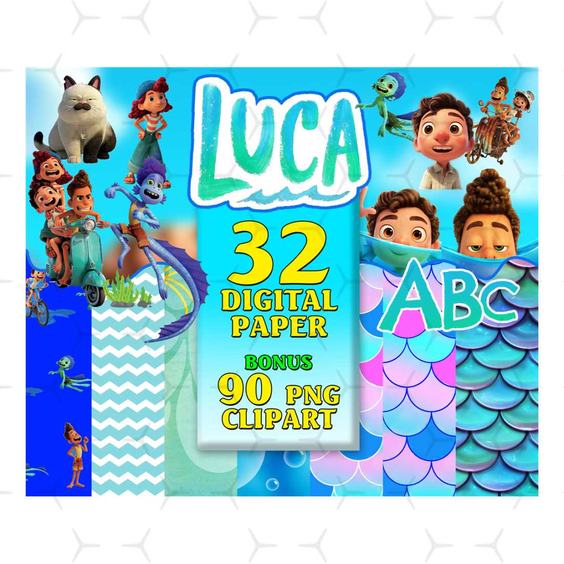 32 Luca Digital Paper, Mermaid Scales Font, Paper Pack, Luca | Inspire ...