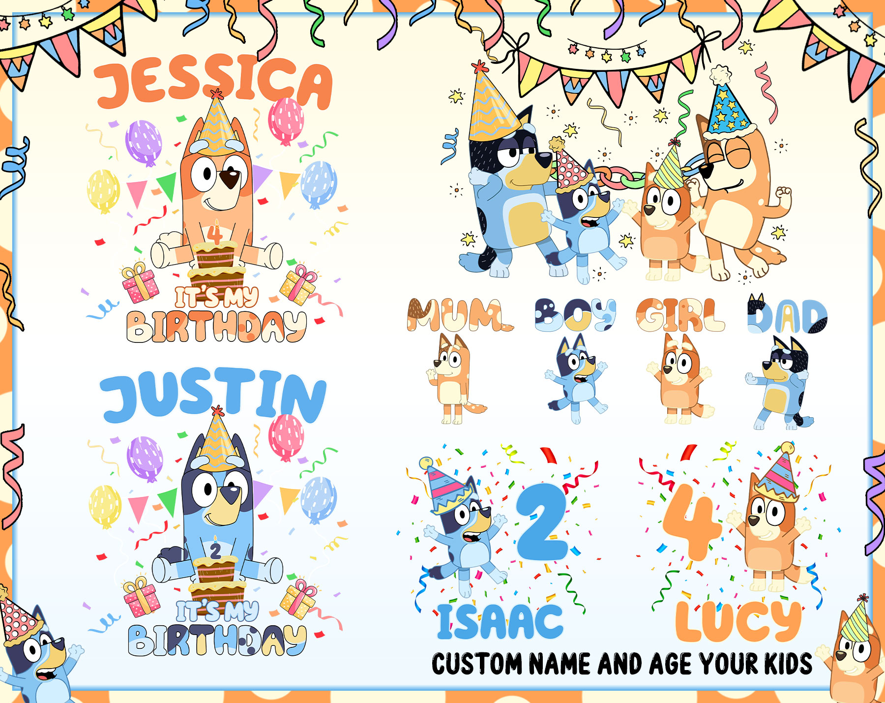 CUSTOM Bluey Kids Birthday Png, Customize Birthday Family Bl - Inspire ...