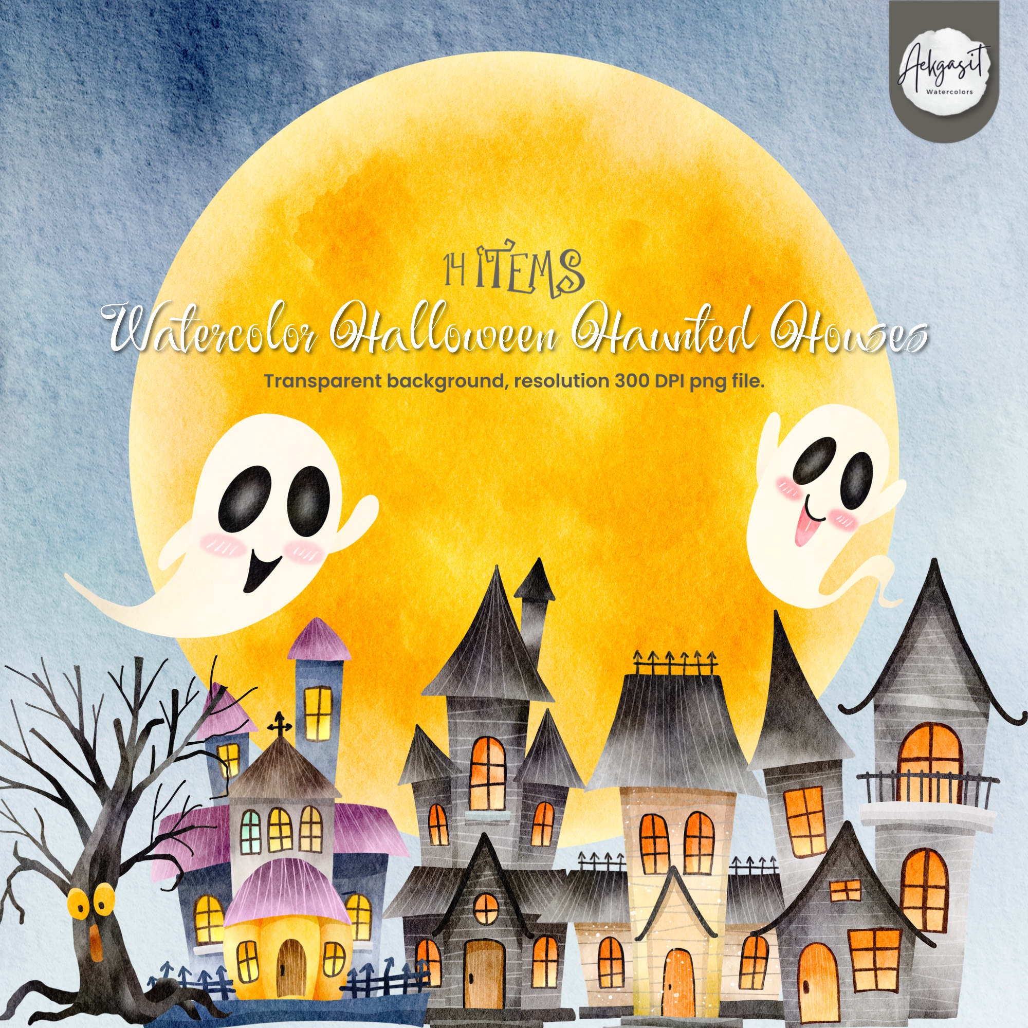 Haunted House Cartoon Watercolor Clip Art - Spooky Halloween | Inspire ...