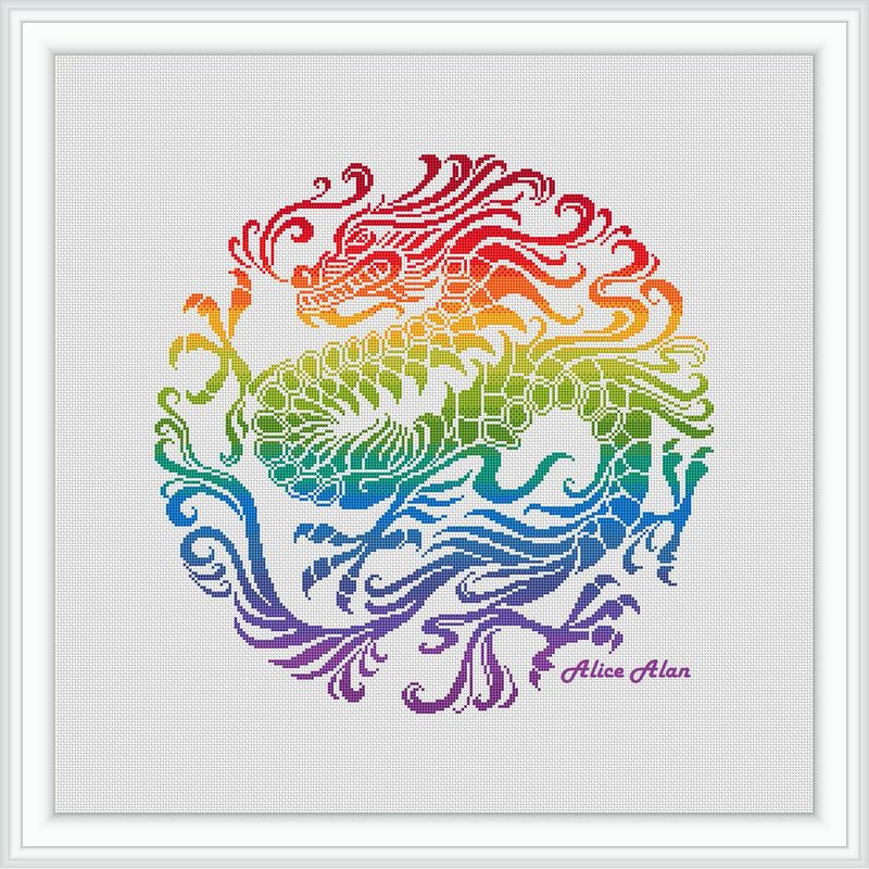 Cross stitch pattern chinese Dragon silhouette rainbow ethni | Inspire ...