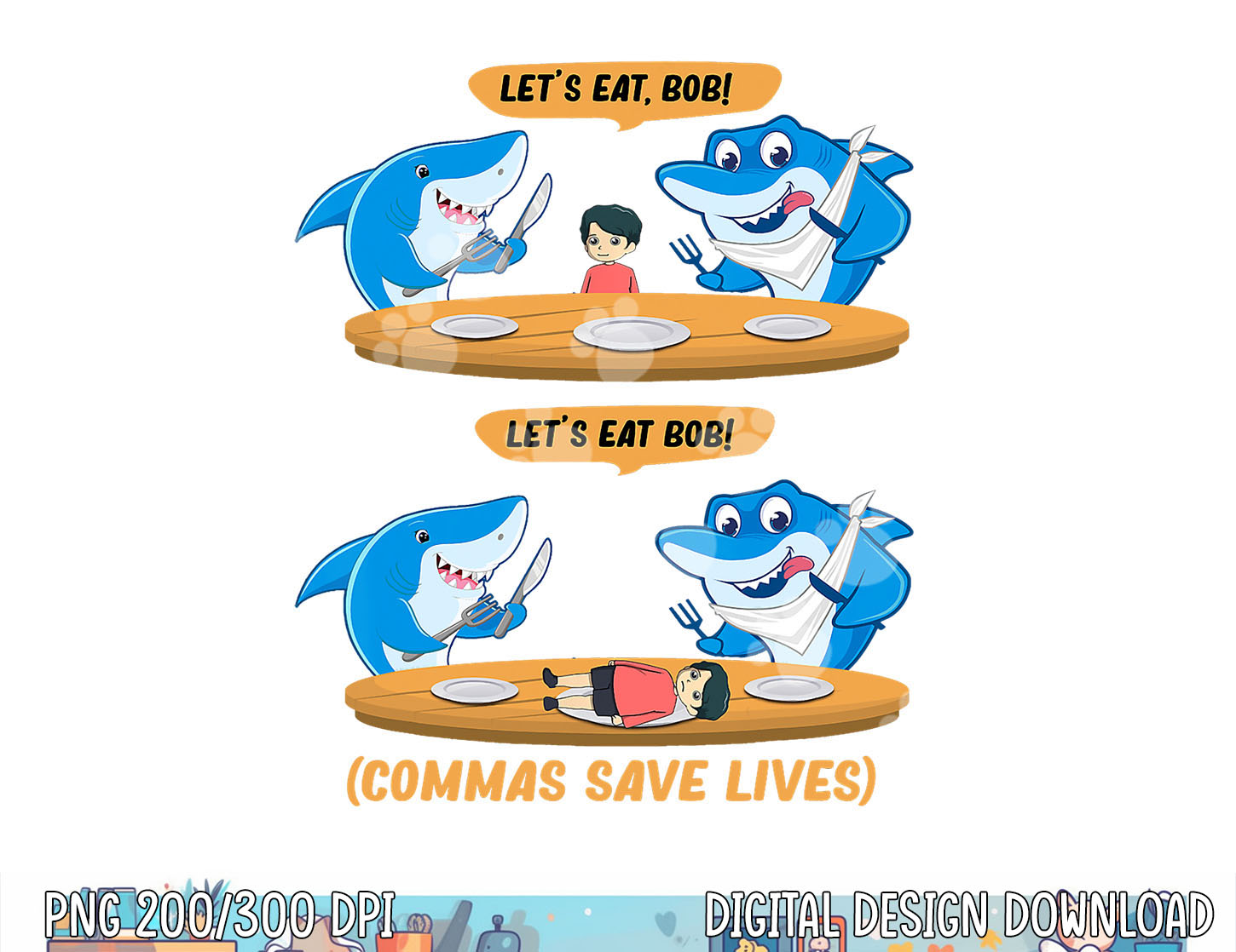 Commas Punctuation Shark Lets Eat bob Funny English Grammar - Inspire ...