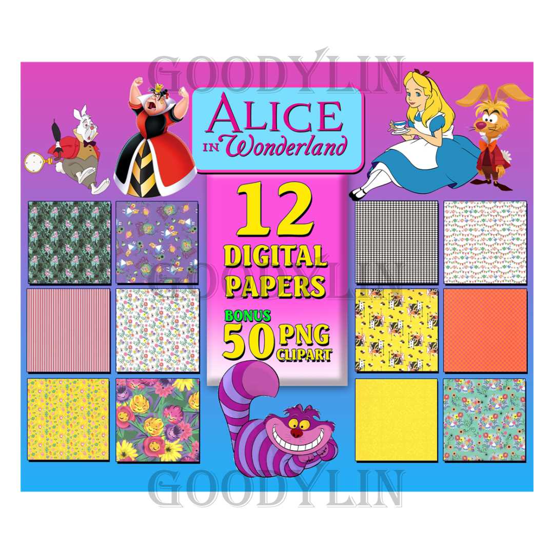 12 Alice in Wonderland Digital Paper, Disney Paper, Alice Sc | Inspire ...