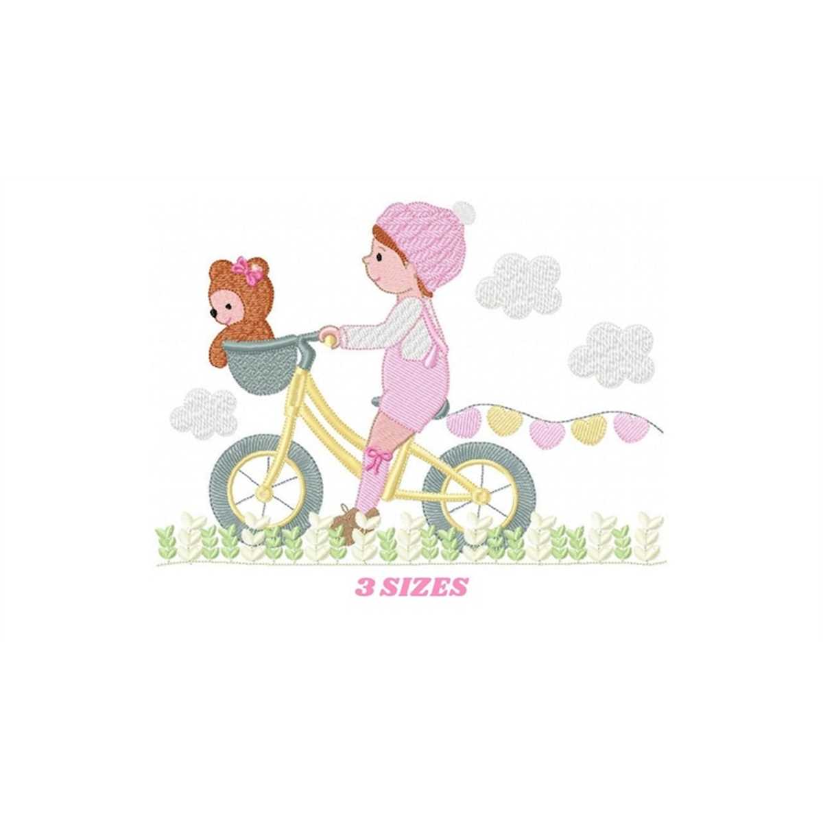 Girl with bike embroidery designs - Baby girl with bear embr | Inspire ...
