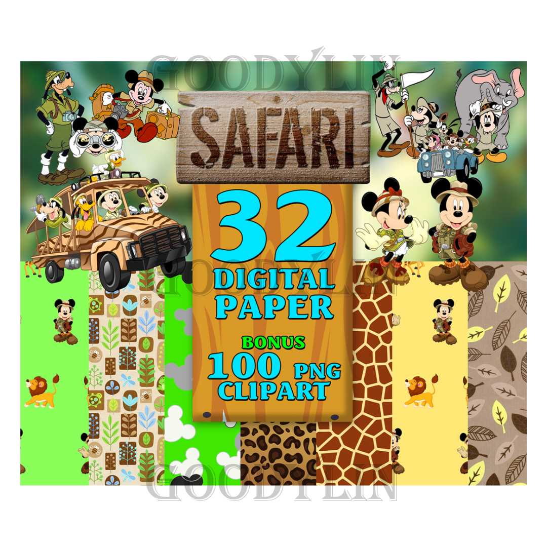 32 Mickey Safari Digital Paper, Mickey Minnie Jungle Safari, | Inspire ...