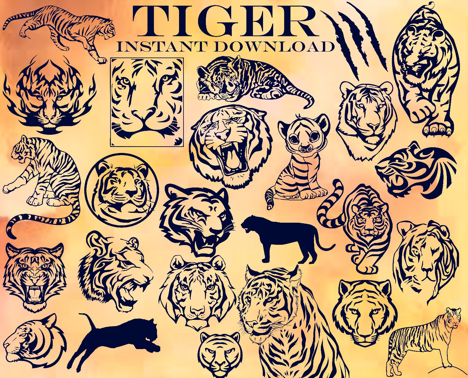 TIGER Bundle Silhouettes, 25 Images, Tiger Svg, Tiger PNG, T - Inspire ...