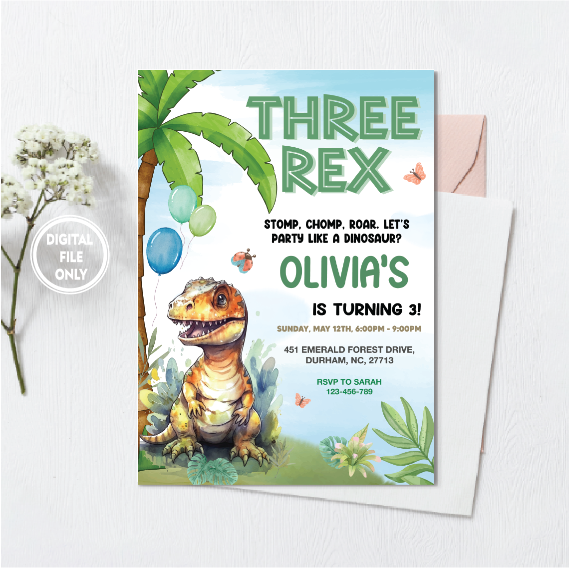 Personalized File Three Rex dinosaur electronic invitation, | Inspire ...
