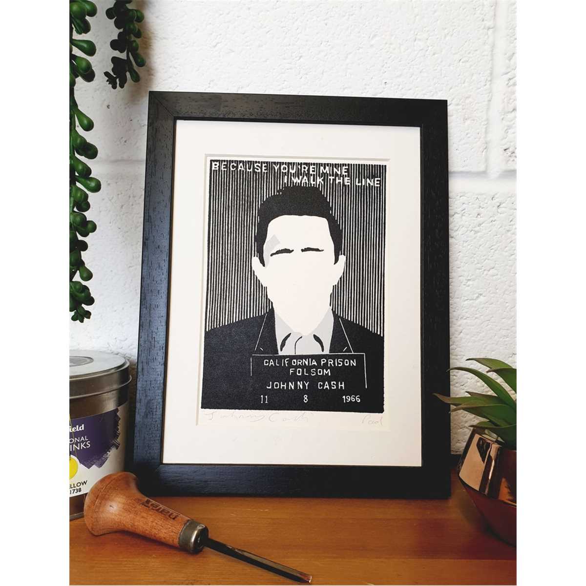 Johnny Cash Head Shot Original Lino Print | Inspire Uplift