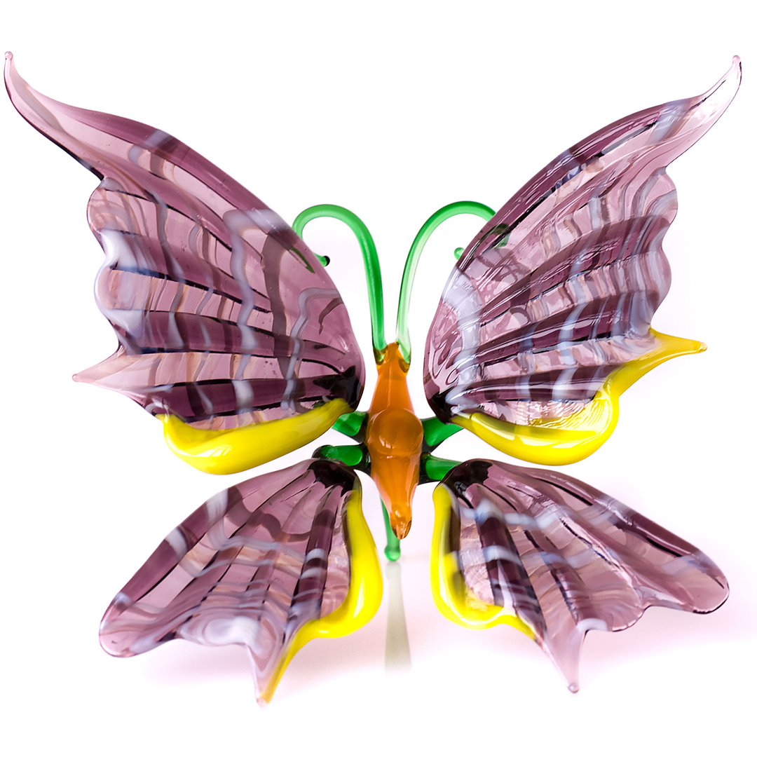 Blown Glass Butterfly Figurine Violet Yellow Insect Sculpt Inspire Uplift