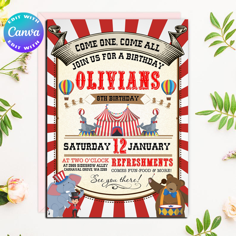 Circus Invitation, Circus DIgital Invitation, Circus Birthda - Inspire ...