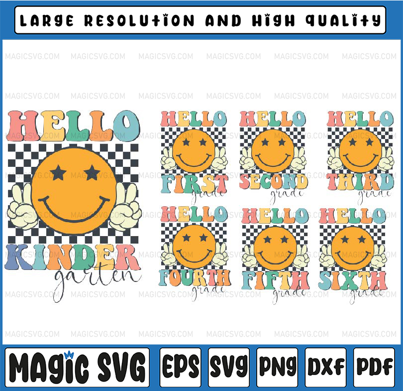 Hello Kindergarten Retro Smile Teachers Kids Svg, Retro Smil - Inspire ...