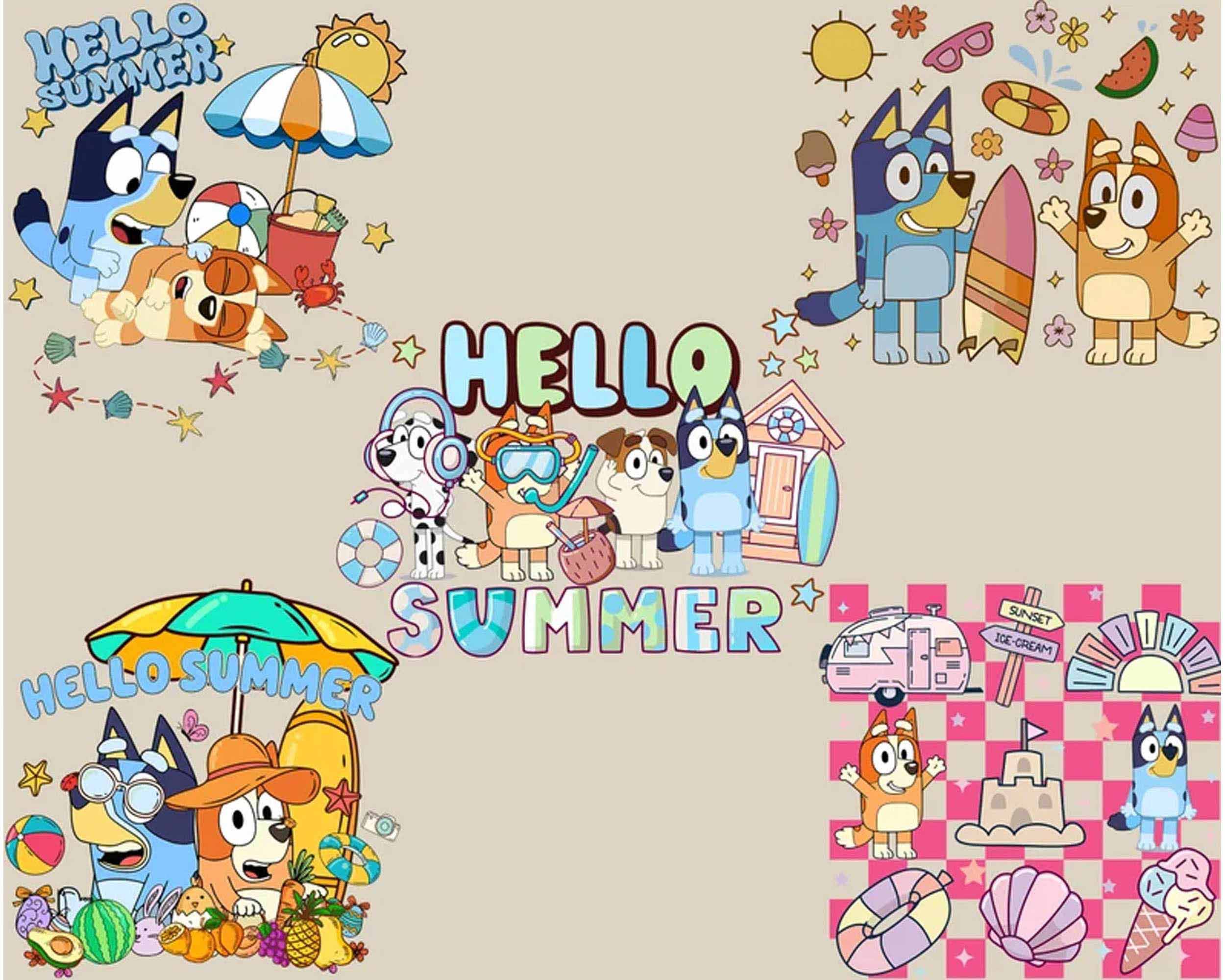 Bluey Bingo Hello Summer PNG, Bluey And Bingo Heeler Family PNG