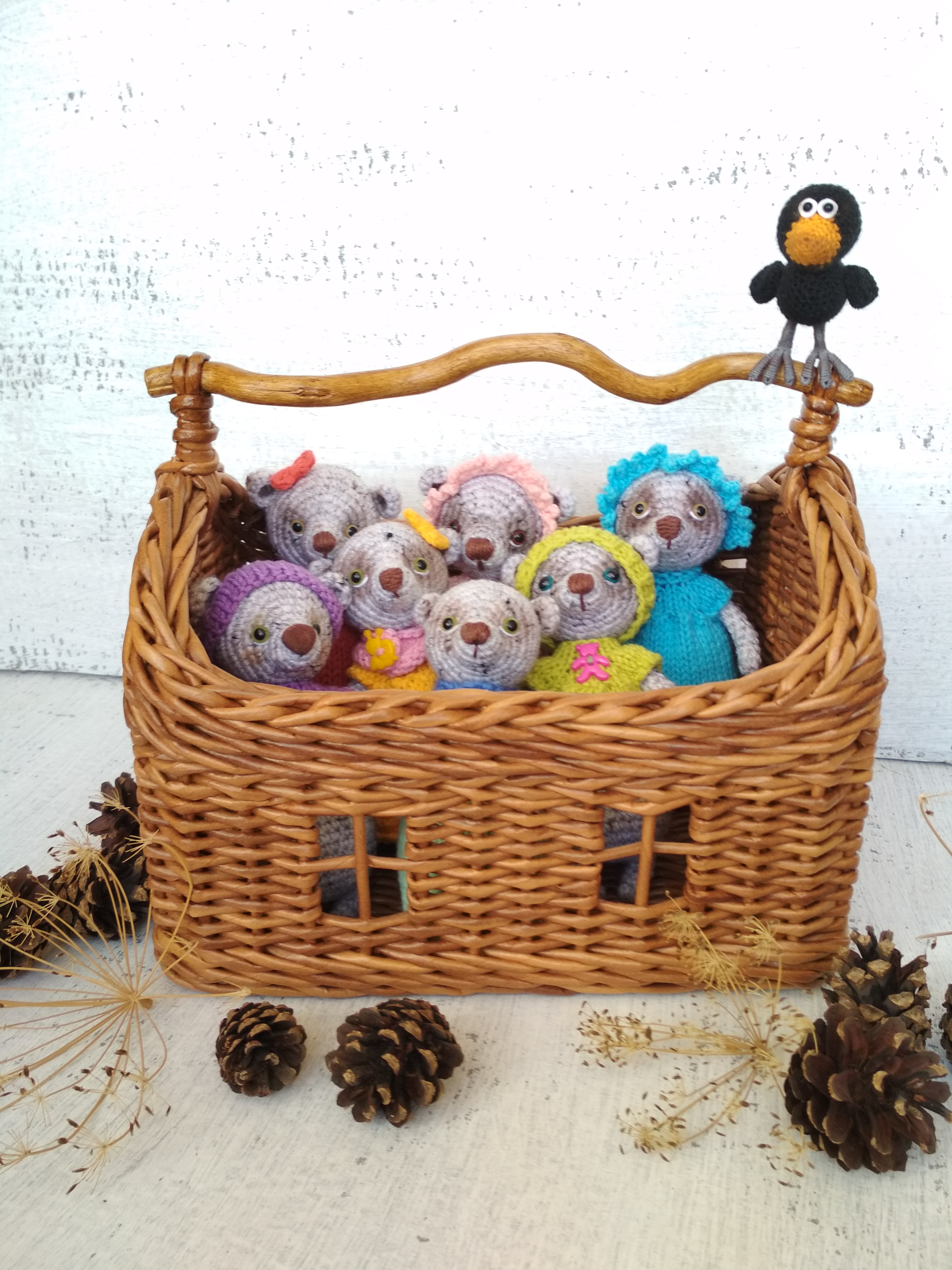 Set of 7 crocheted bears mini in clothes and one bird. Small - Inspire ...