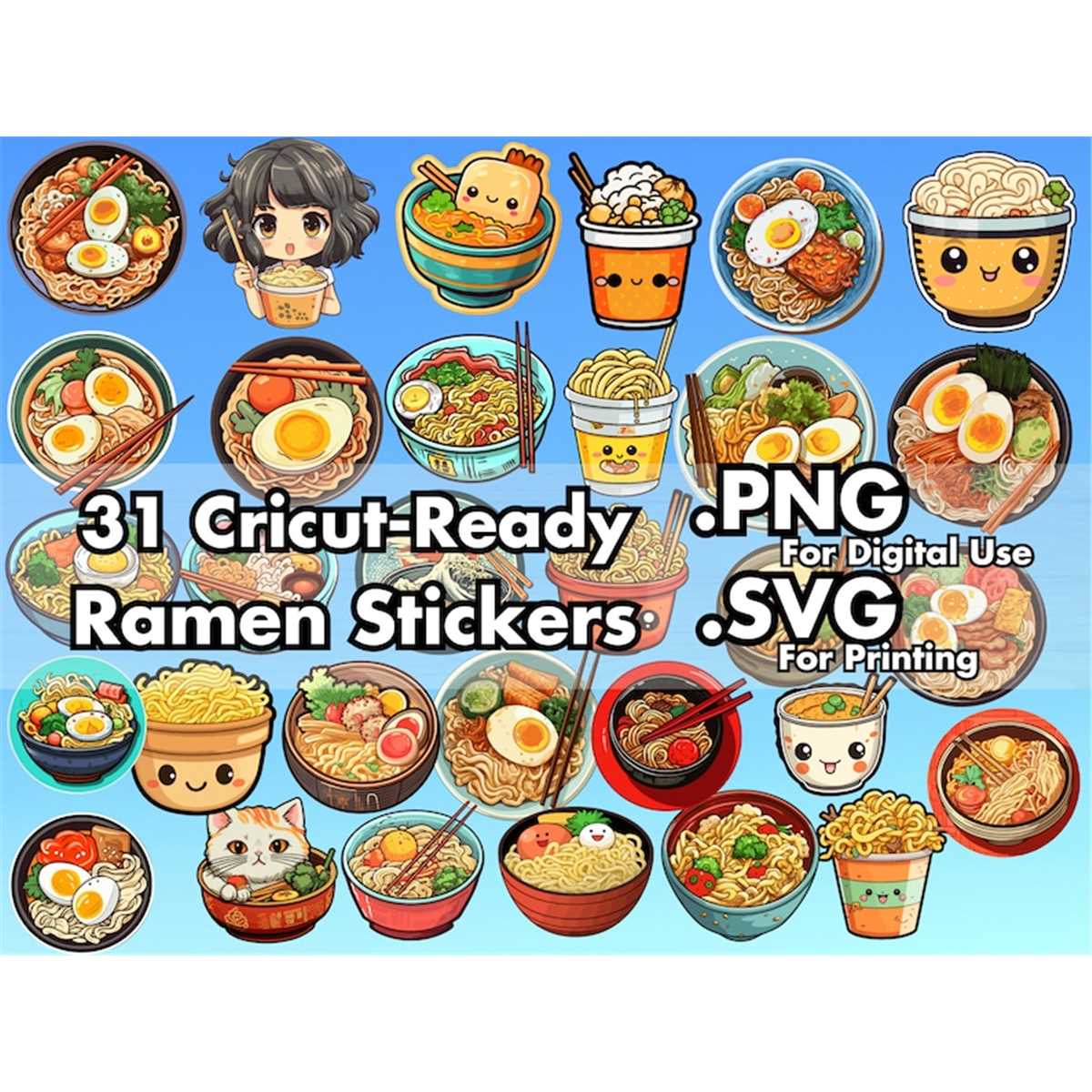 Ramen SVG PNG Stickers File Bundle - 31 Cute Japanese Chibi | Inspire ...