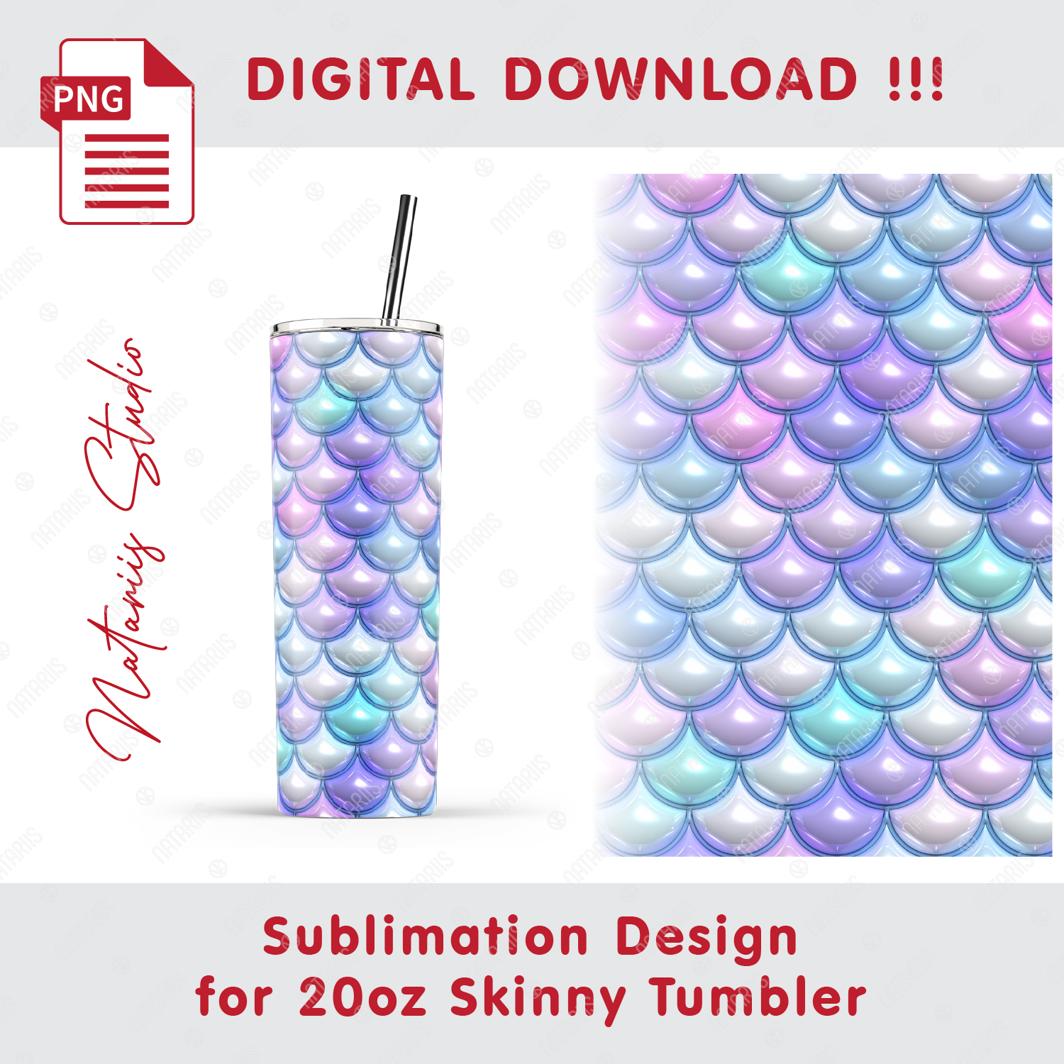 3D Inflated Puff Mermaid Scales Seamless Sublimation 20oz - Inspire Uplift