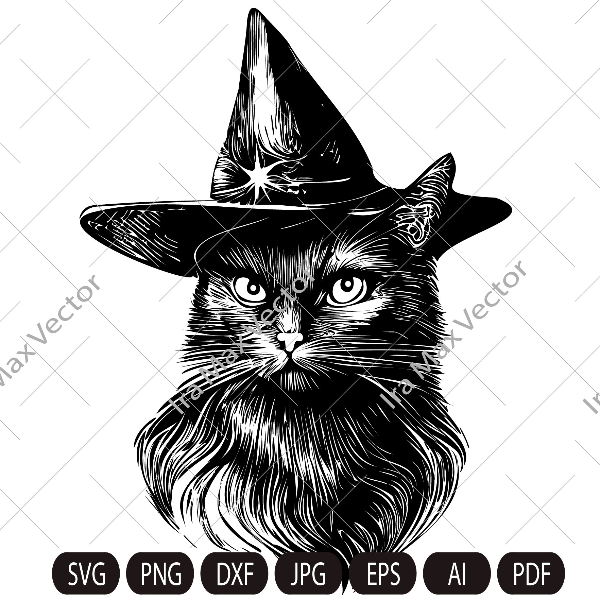 Black Cat with Witch Hat Svg, Cute Black Cat Svg, Halloween | Inspire ...