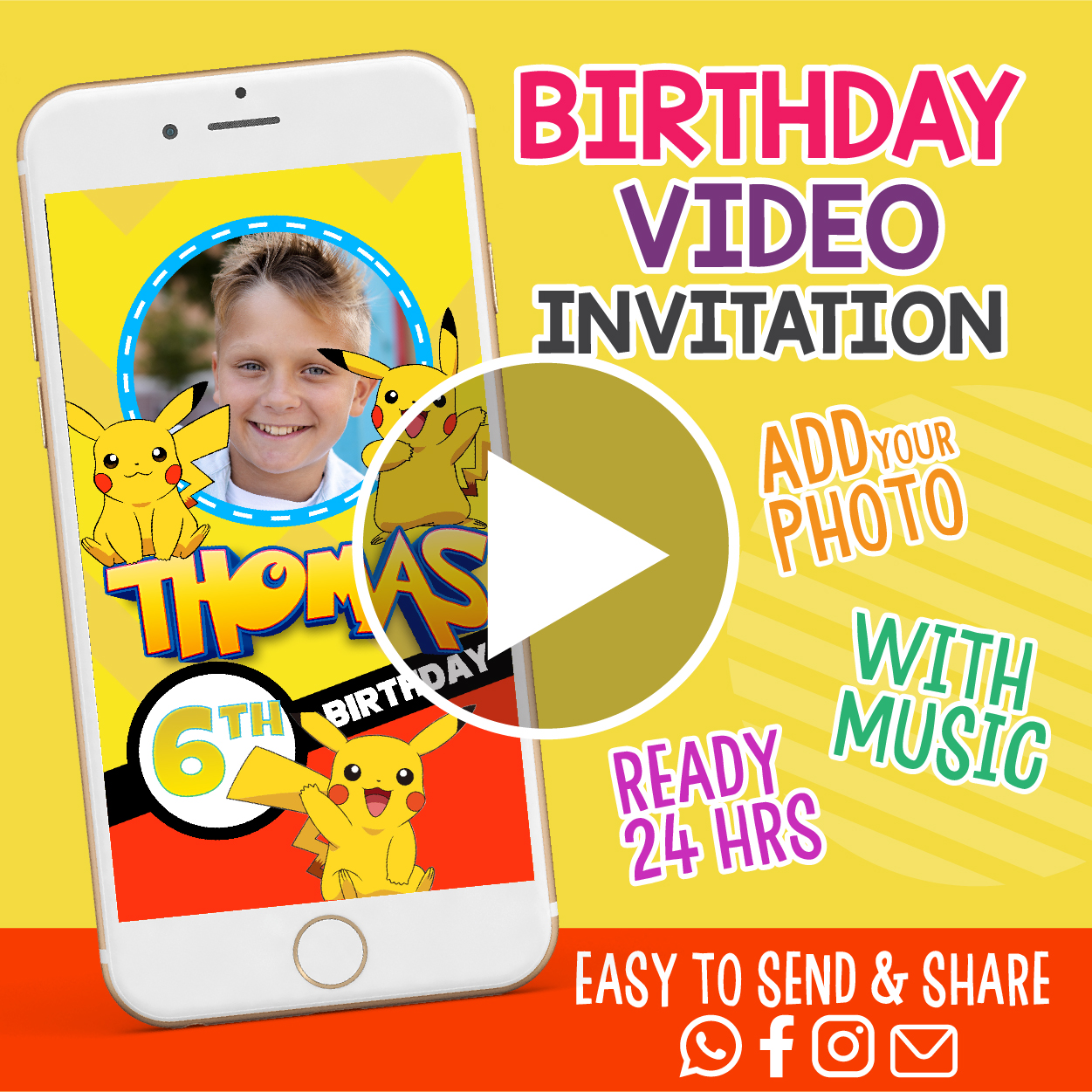 Pokemon Birthday Party Invitation, pikachu Video Invitation, | Inspire ...