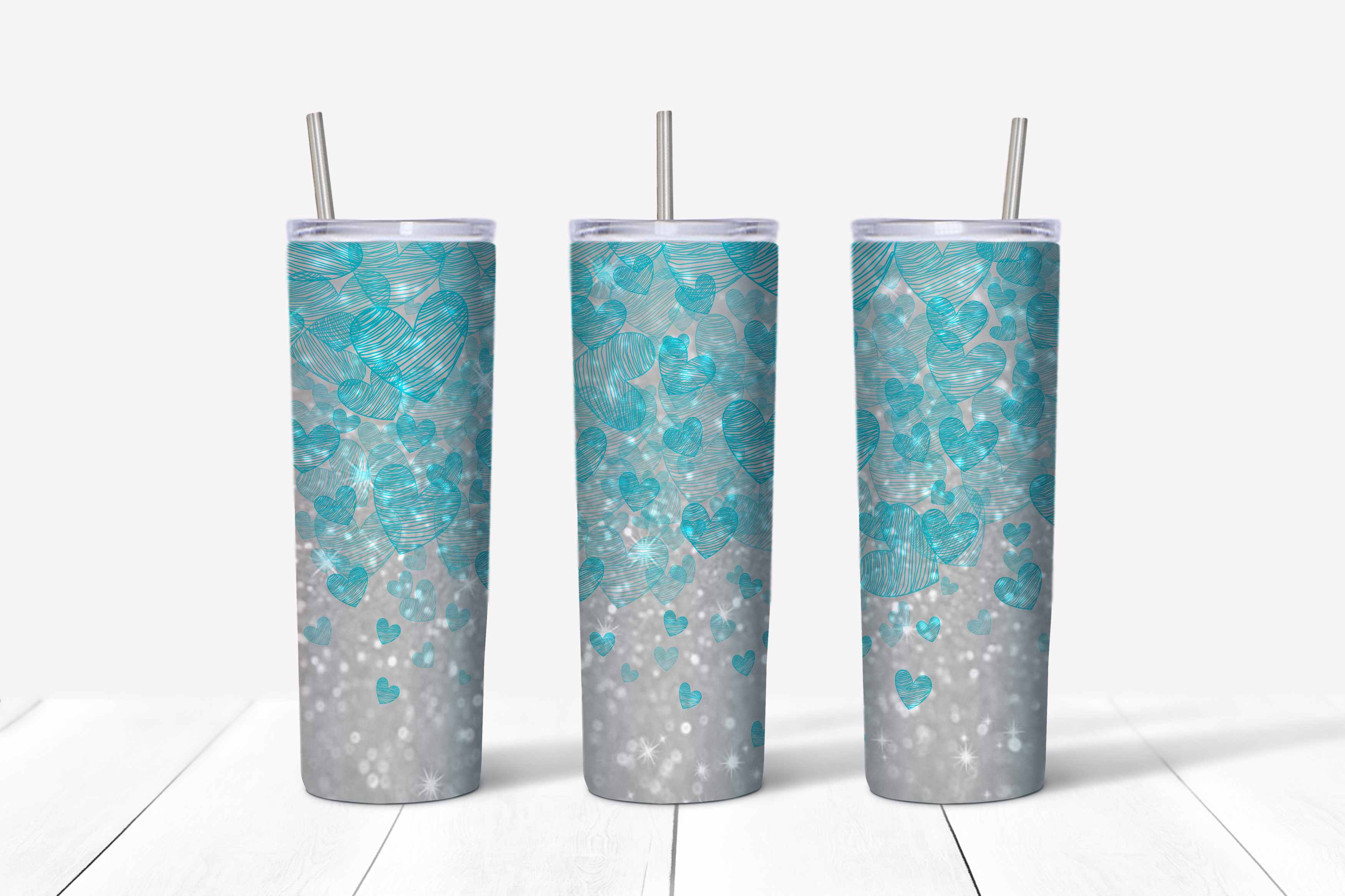 Turquoise Hearts White Glitter, Valentine Tumbler Sublimatio | Inspire ...