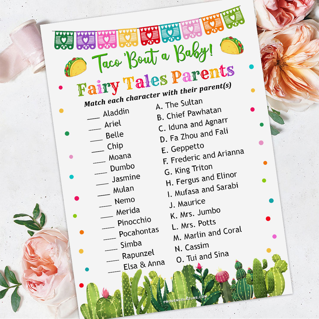 Fairy Tales Parents Game Taco Baby Shower Parents Match Game | Inspire ...