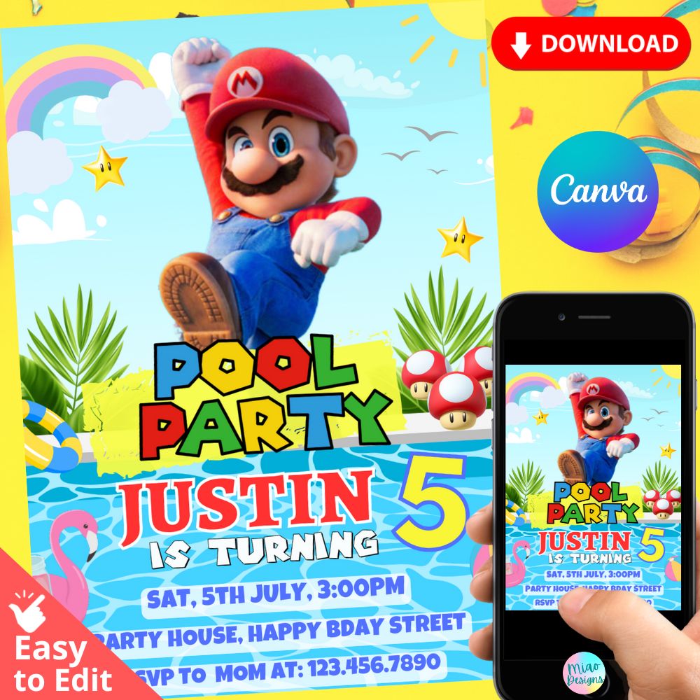 Super Mario Summer Pool Party Birthday Invitation | Inspire Uplift