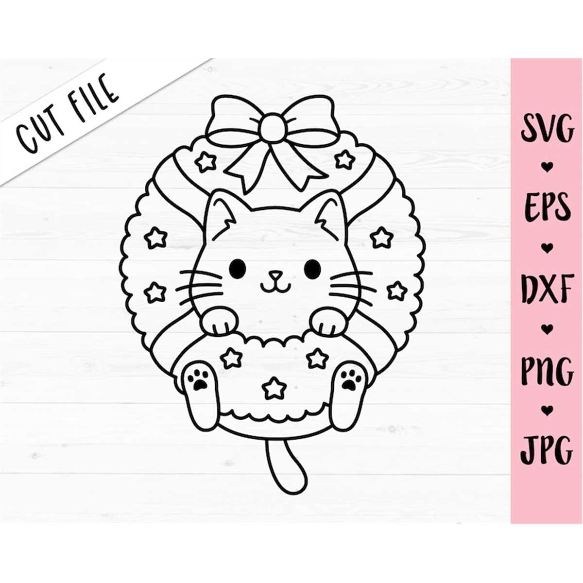 Christmas cat SVG Christmas wreath Outline cut file Cute Fun - Inspire ...
