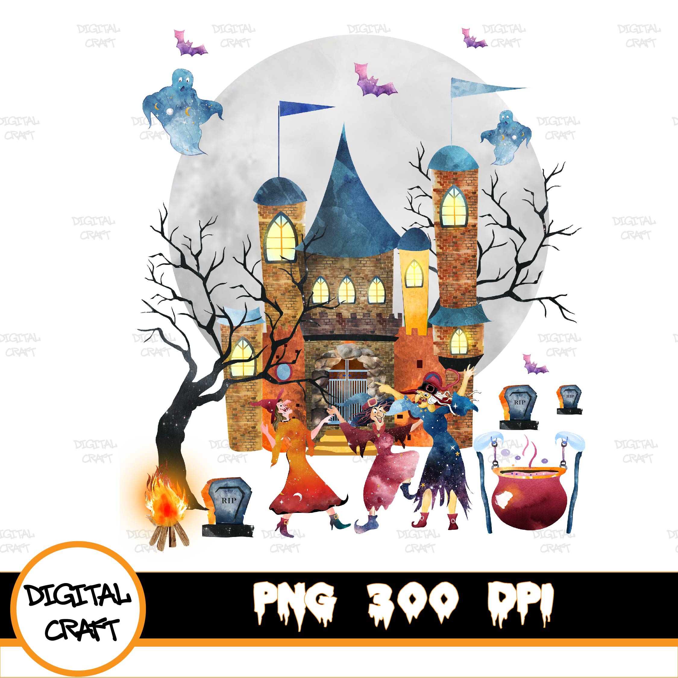 Halloween Castle Watercolor Clipart, Watercolor Haunted Hous - Inspire ...