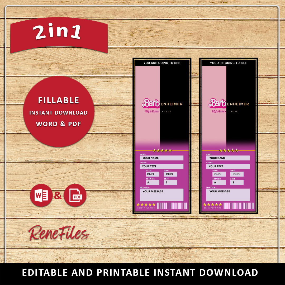 Barbenheimer Printable Surprise Ticket. Editable Cinema Faux - Inspire ...