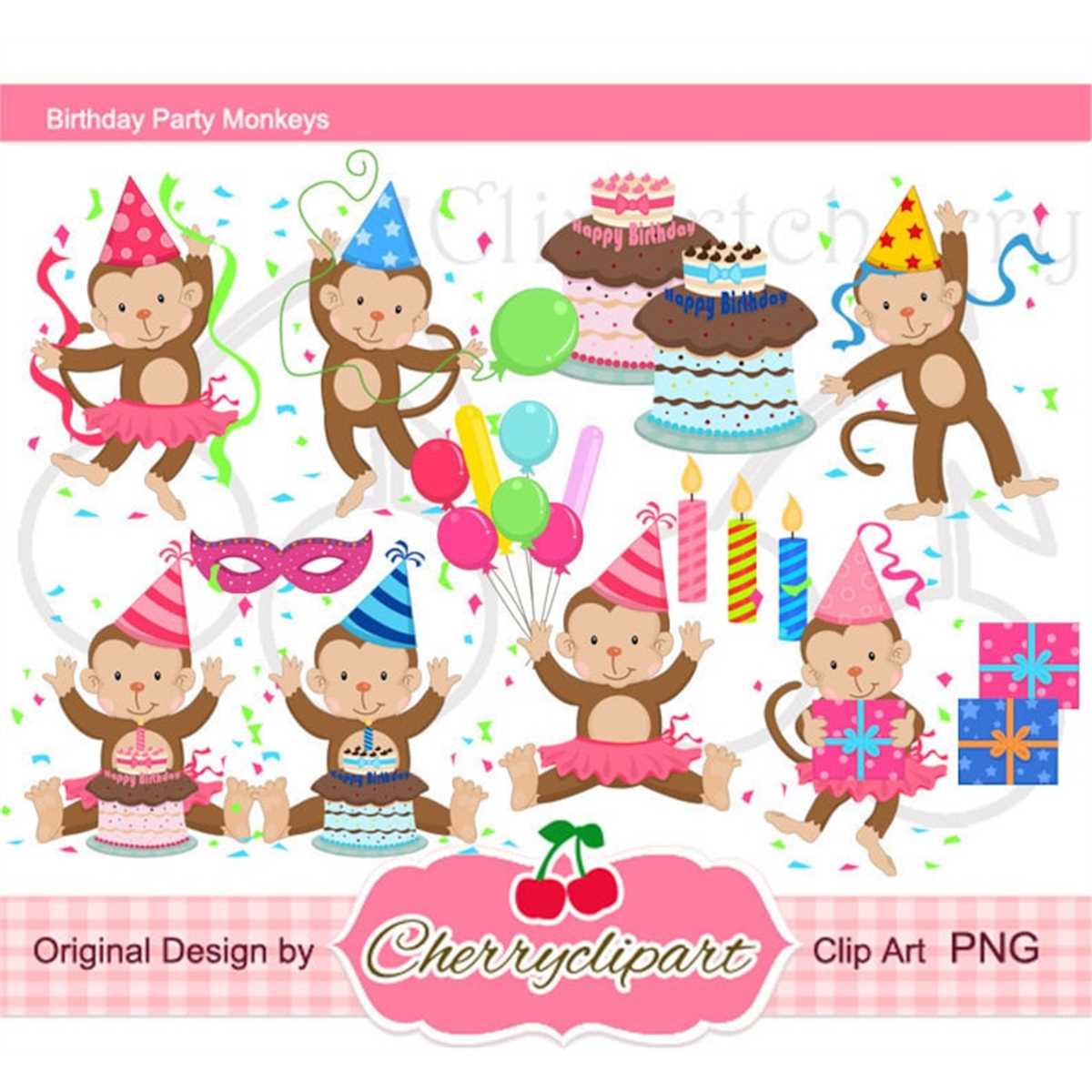 Birthday Party Monkeys Digital Clipart Set for-Personal and | Inspire ...