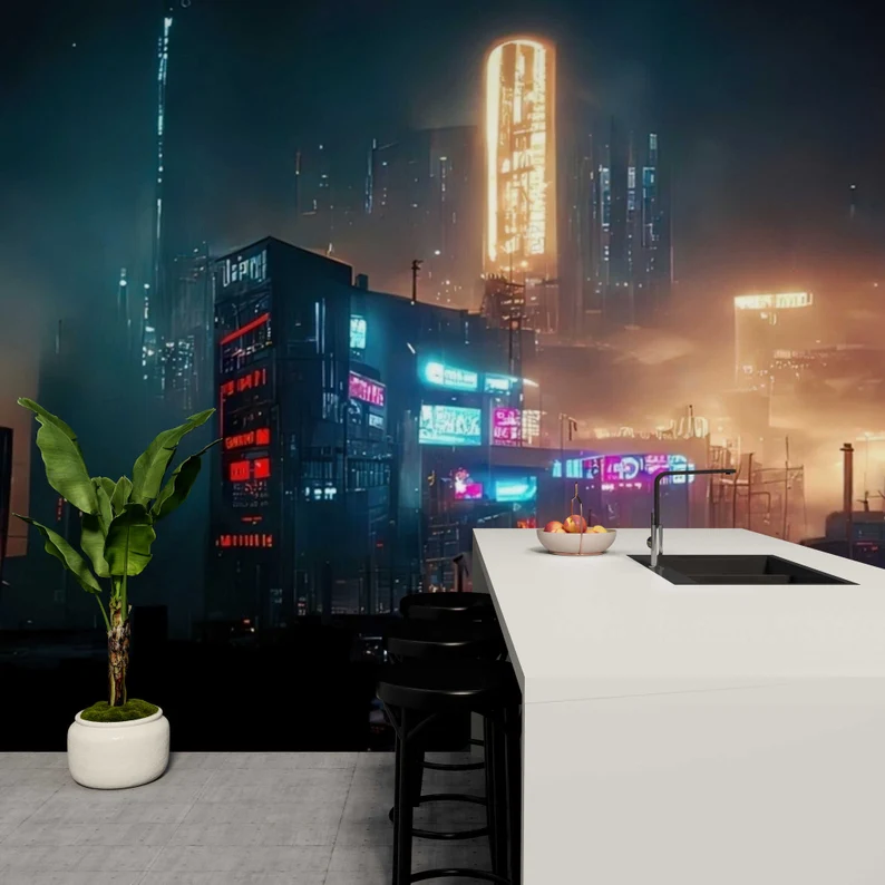 cyberpunk city wallpaper mural teenage bedroom decor | Inspire Uplift