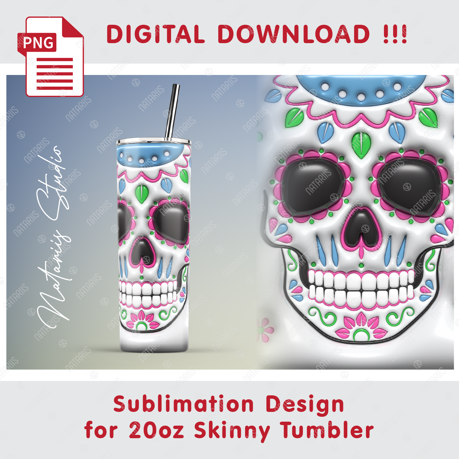 Funny 3D Inflated Puffy Sugar Skull Sublimation 20oz Tumbler - Inspire ...