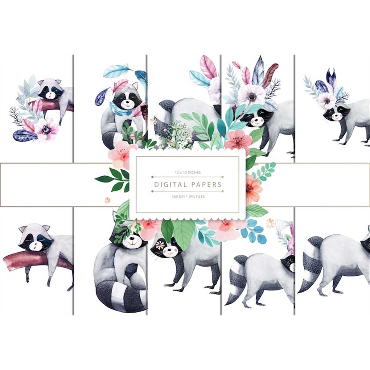 DIGITAL PAPERS Watercolor Raccoons | graphic resources print - Inspire ...