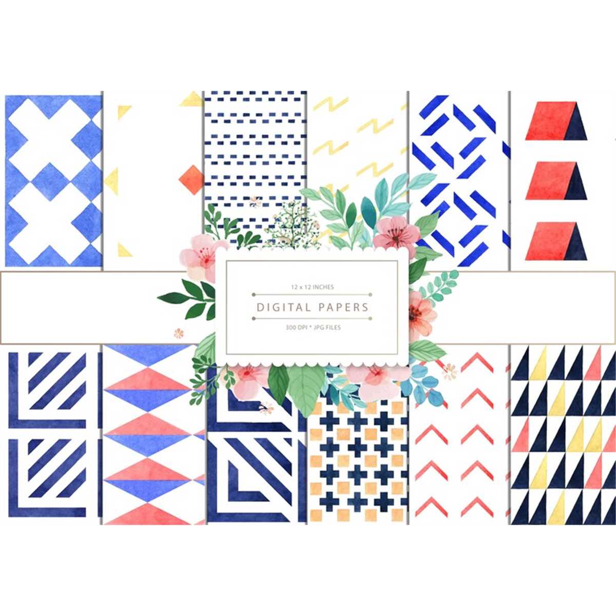 DIGITAL PAPERS Geometry Watercolor Patterns | graphic resour | Inspire ...