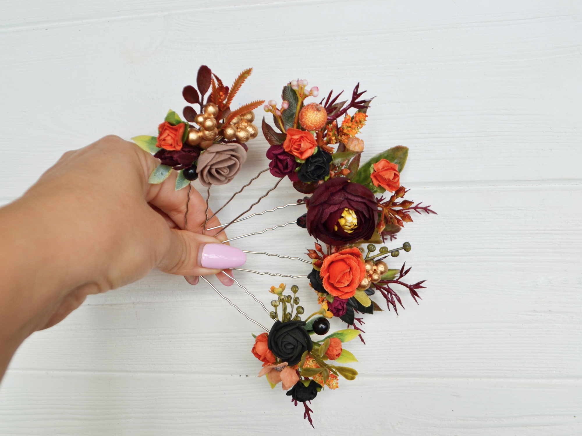 Rust burgundy flower hairpins | Inspire Uplift