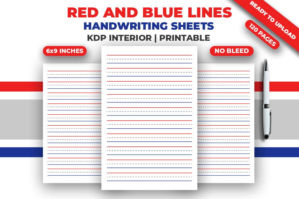 Red And Blue Lines Handwriting Sheets KDP Interior - Inspire Uplift