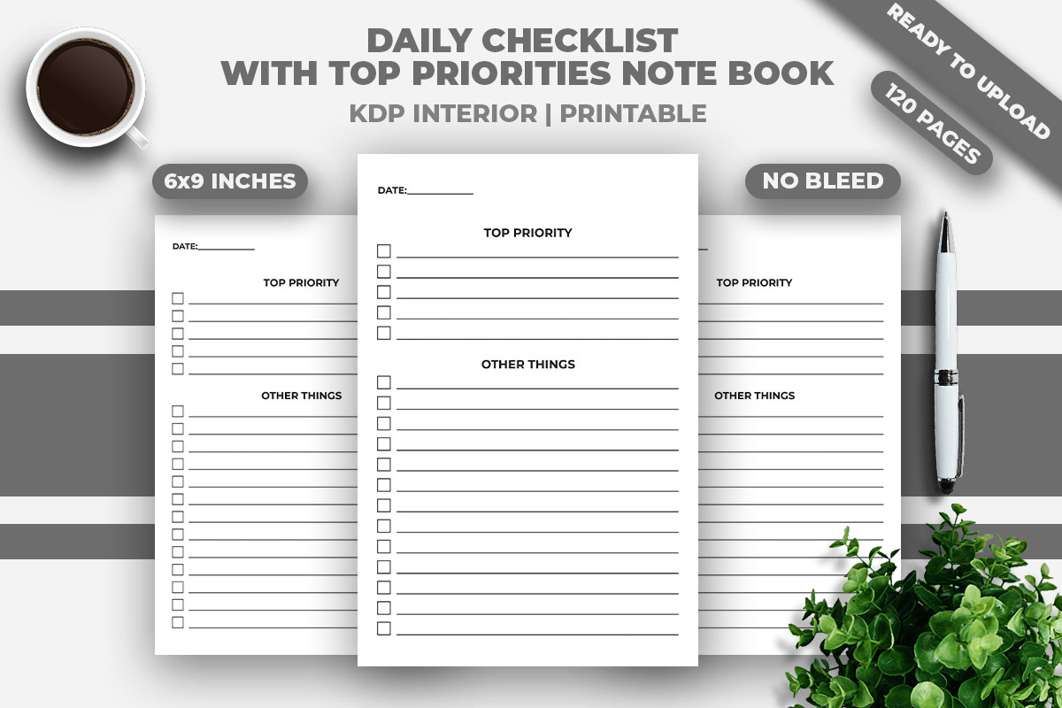 Daily Checklist With Top Priorities Note Book KDP Interior | Inspire Uplift
