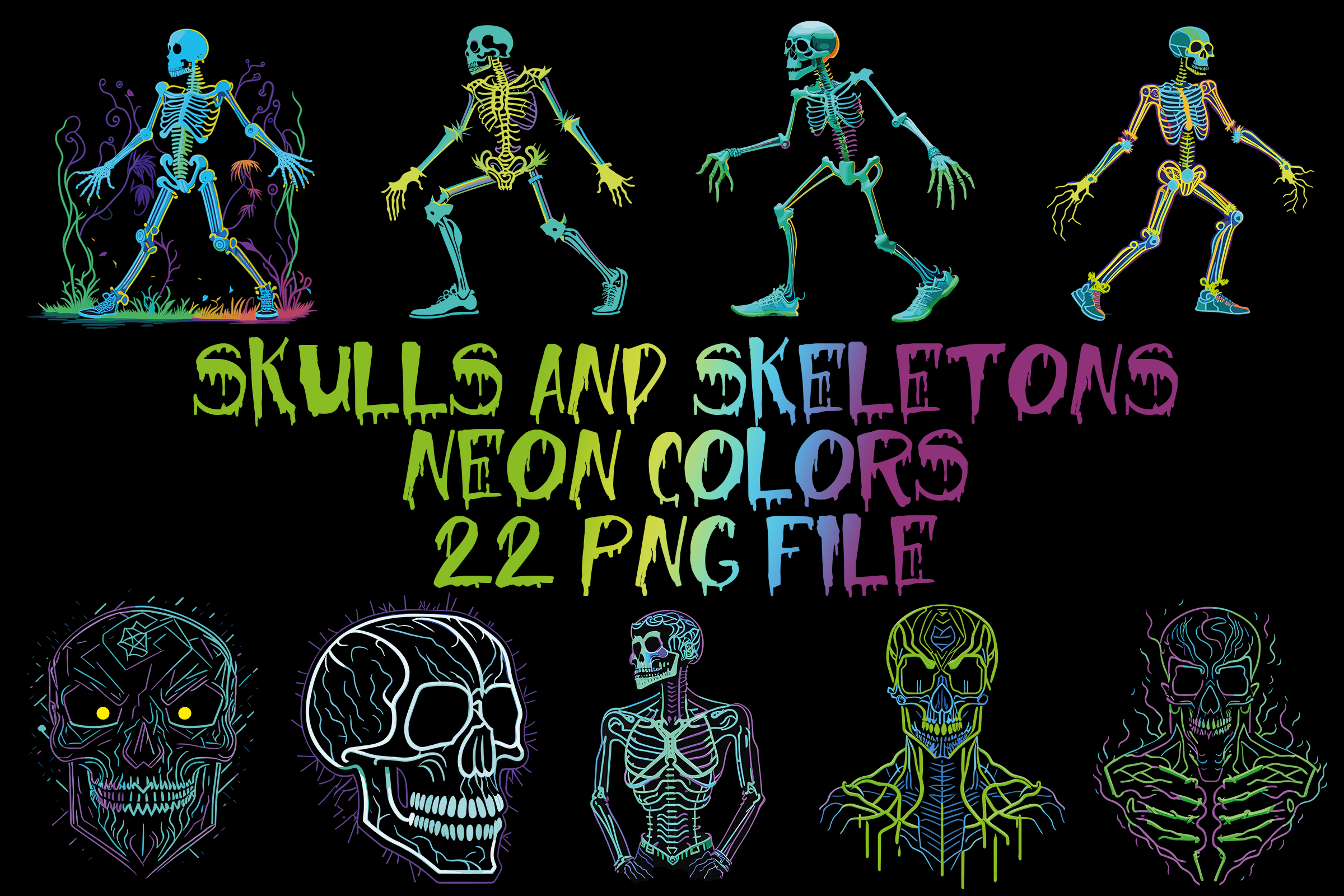 NEON SKELETONS AND SKULLS 22 PNG Files Digital Download Subl | Inspire ...