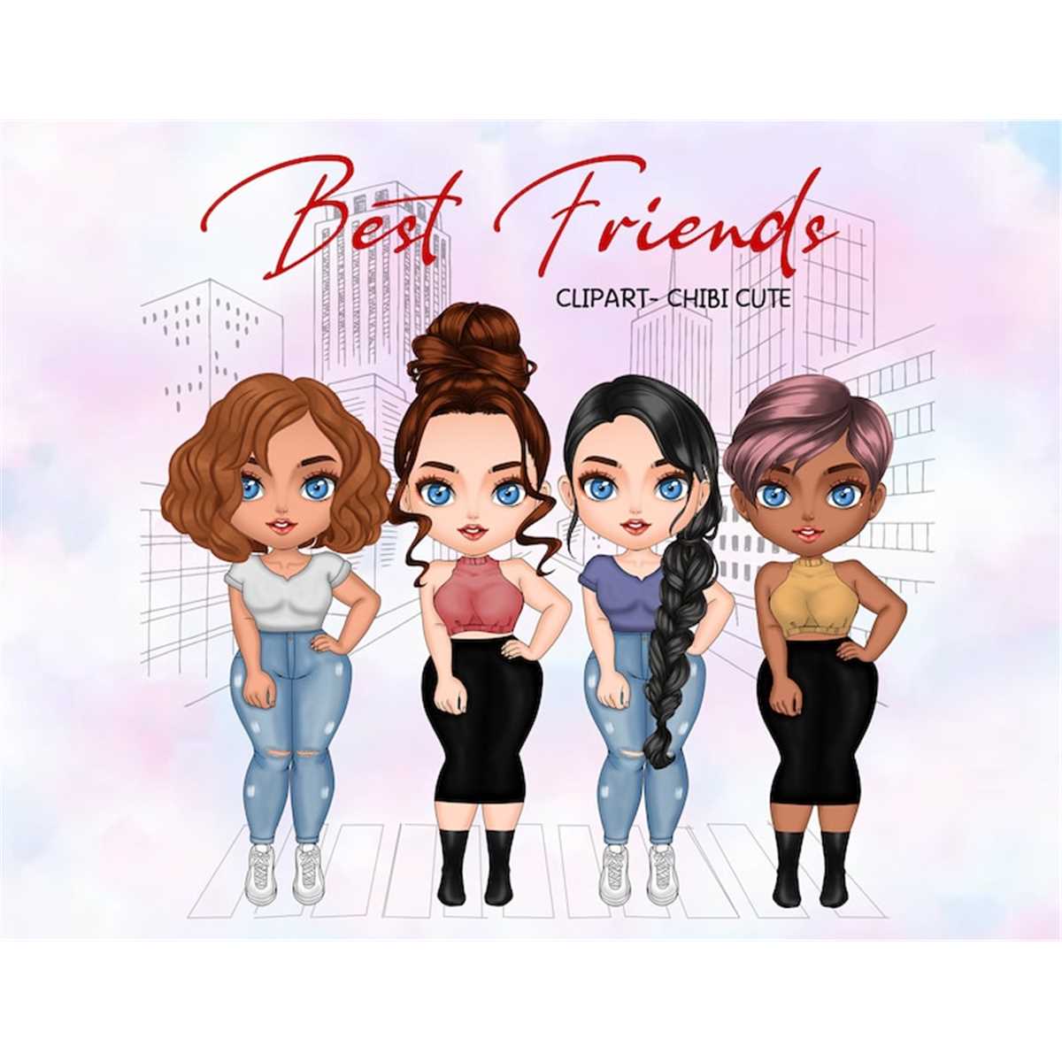 Customizable Best Friends Chibi Cute Clipart, Besties Clipar - Inspire ...