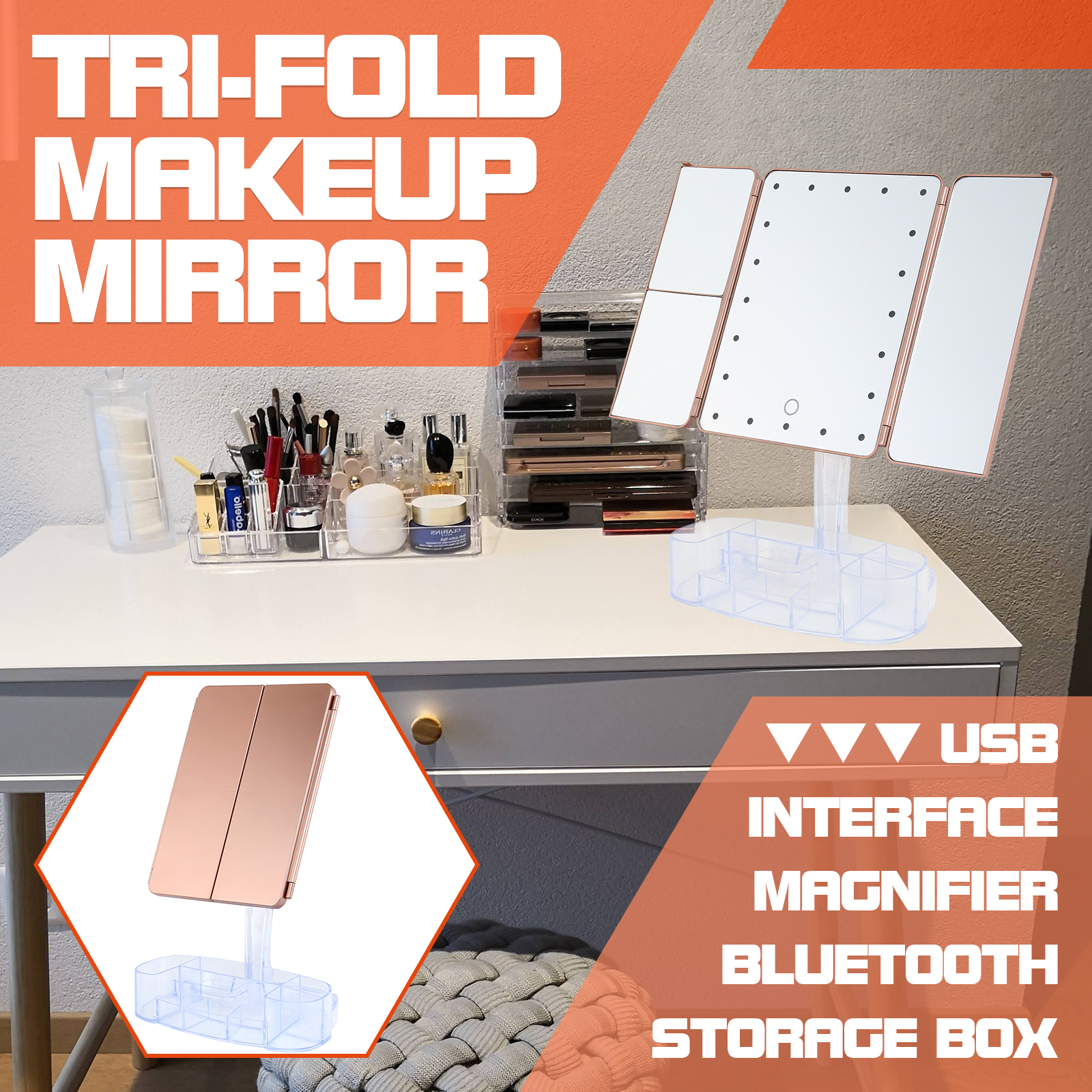 Enhanced Tri-Fold Vanity Makeup Mirror with 20 LED Lights | | Inspire ...